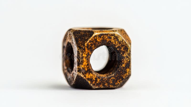 On a Spotless White Backdrop, a Rusty Metal Nut Displays Industrial ...