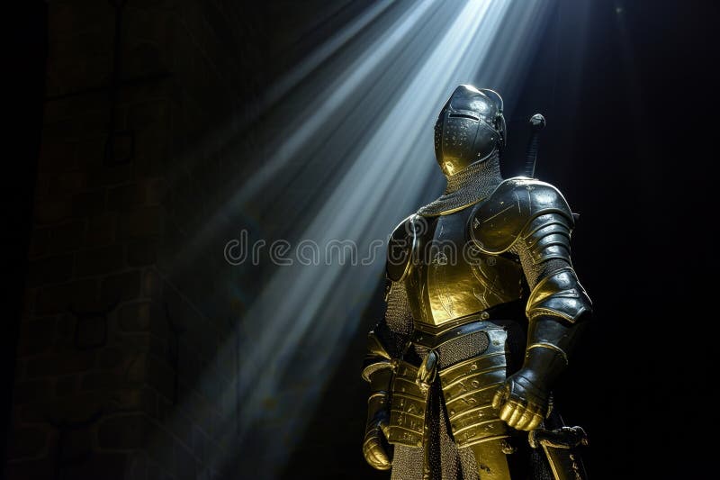 Spotlight on Castle Knight Statue Stock Photo - Image of fortress ...