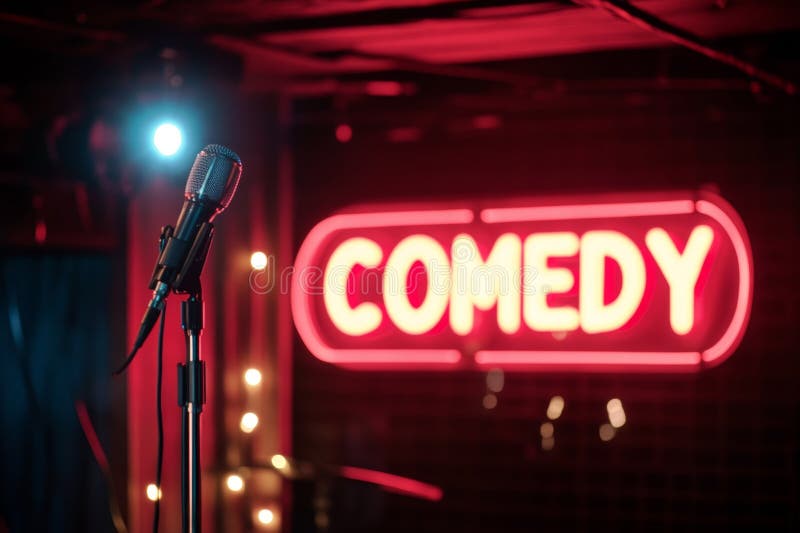 Spotlight on Comedy Stage with Microphone and Glowing Red Sign ...