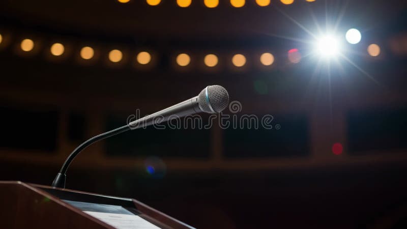 Microphone on Podium with Stage Lighting in Dim Auditorium Setting ...