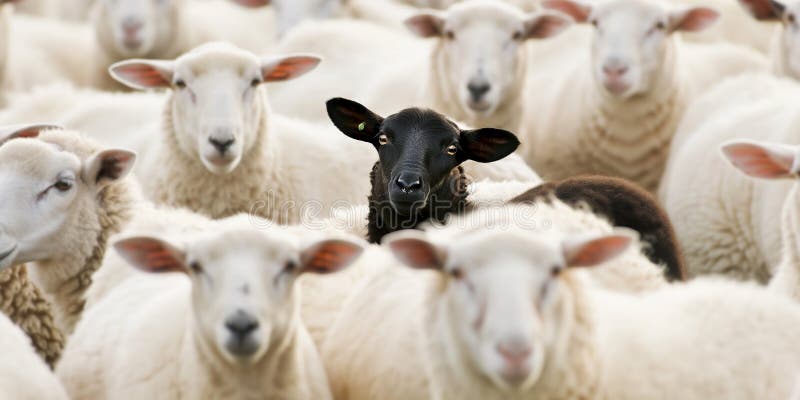 Spotlight on Diversity: a Single Black Sheep among a Flock of White Sheep Stock Illustration ...