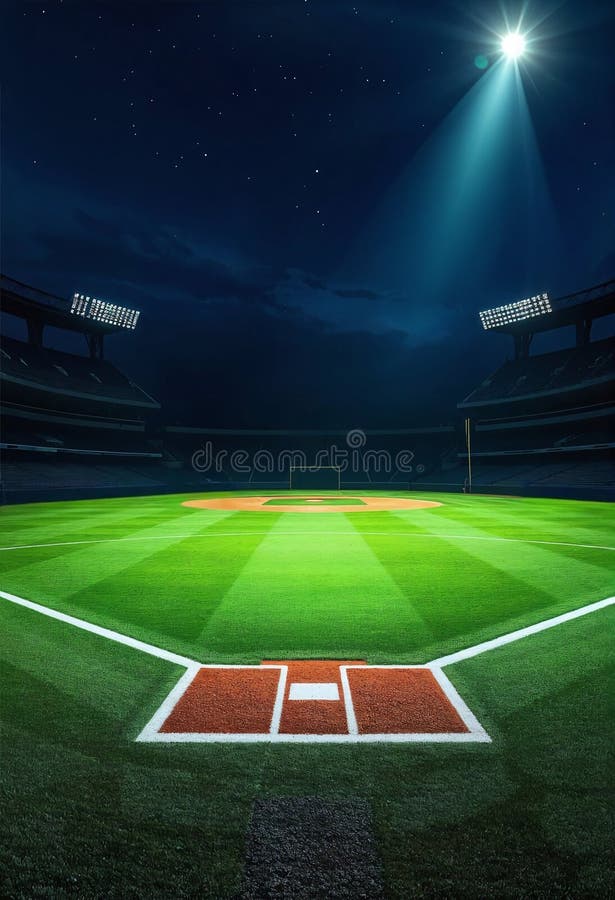Spotlight on an Empty Baseball Stadium at Night Stock Illustration ...