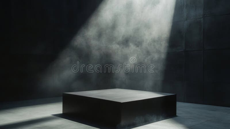 Spotlight on Empty Dark Platform with Mist in Moody Room, Atmospheric ...