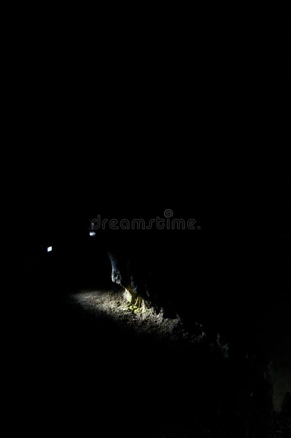 Spotlight on Gravel Path in Dark Cave Stock Photo - Image of explorer ...