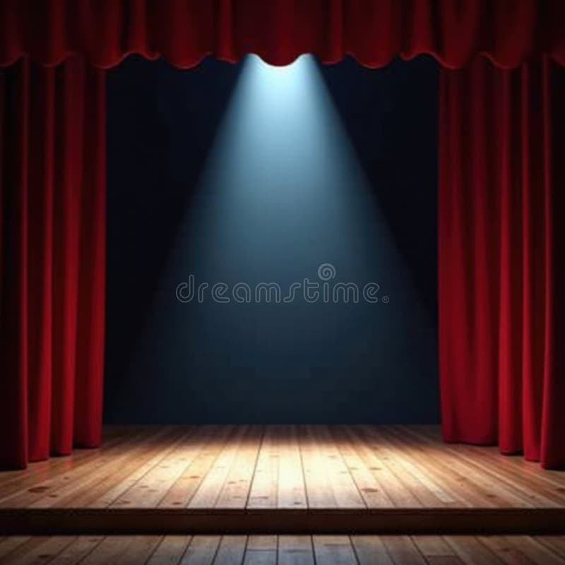 Spotlight Illuminates Bare Stage, Rich Red Curtains, Design, Red Stock ...