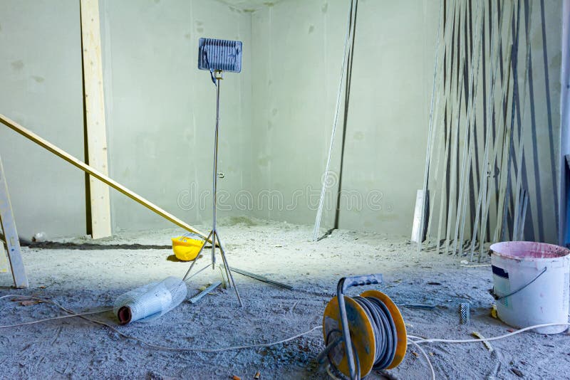 Spotlight Illuminates the Room Walls of the Building Under Construction ...