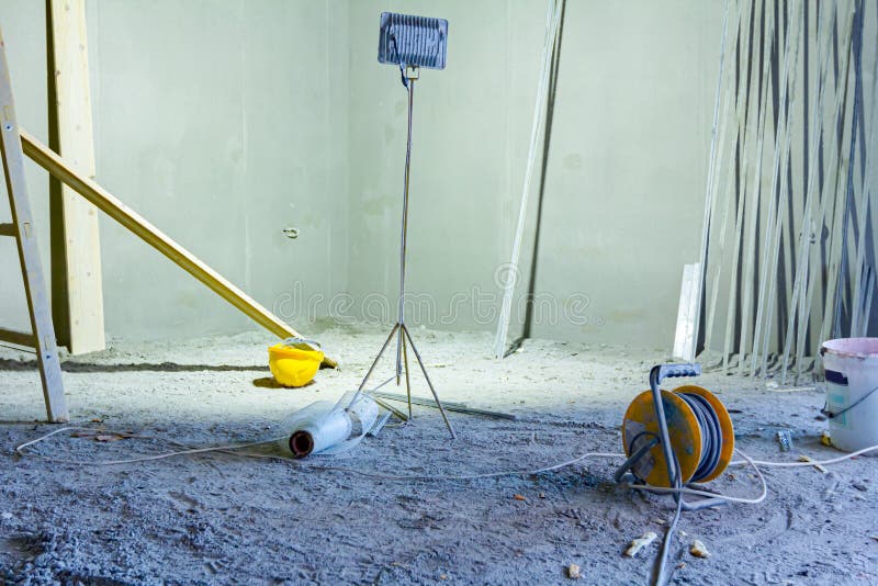 Spotlight Illuminates the Room Walls of the Building Under Construction ...
