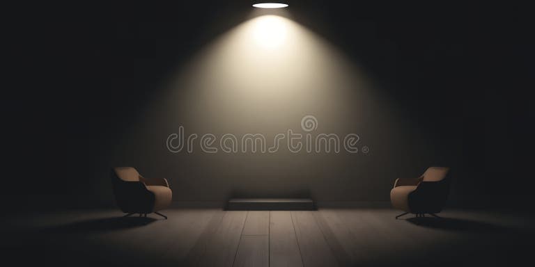 A Spotlight Illuminates a Stage with Two Chairs and a Bench in a Dark ...