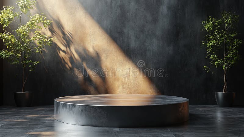 Spotlight on a Circular Platform with Plants in a Dark Studio Space ...