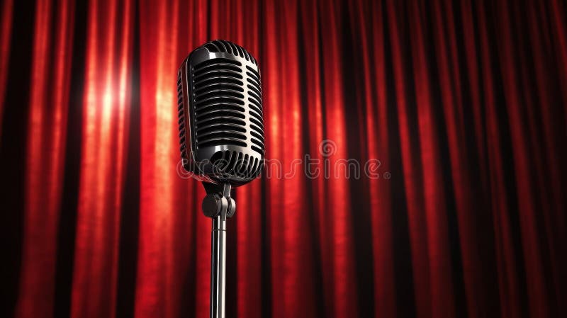 Spotlight Shines on Retro Microphone in Front of Dramatic Curtain on ...