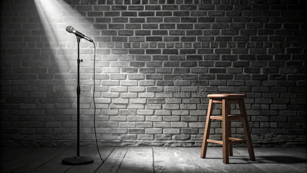 Spotlight on Stage Brick Wall, Microphone, Stool, Comedy,Performance ...