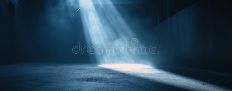 Spotlight on Stage with Spotlight. Rays Light on Blue Wall with Smoke ...