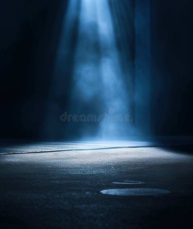 Spotlight on Stage with Spotlight. Rays Light on Blue Wall with Smoke ...
