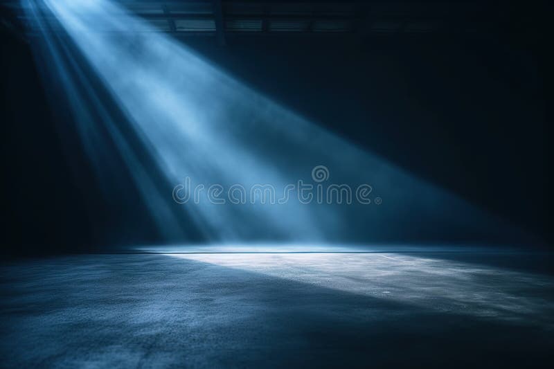 Spotlight on Stage with Spotlight. Rays Light on Blue Wall with Smoke ...