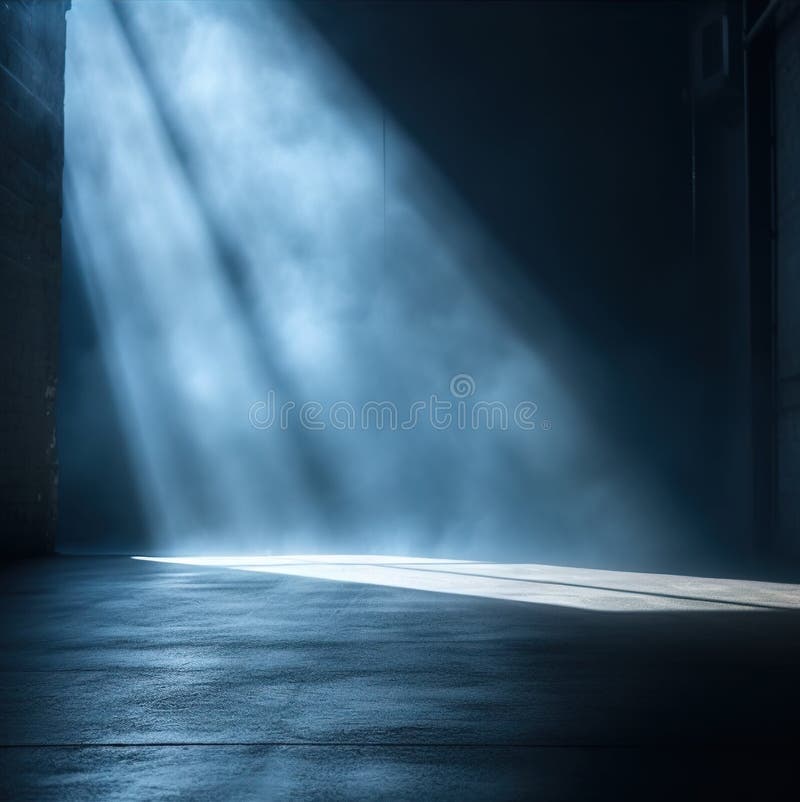 Spotlight on Stage with Spotlight. Rays Light on Blue Wall with Smoke ...