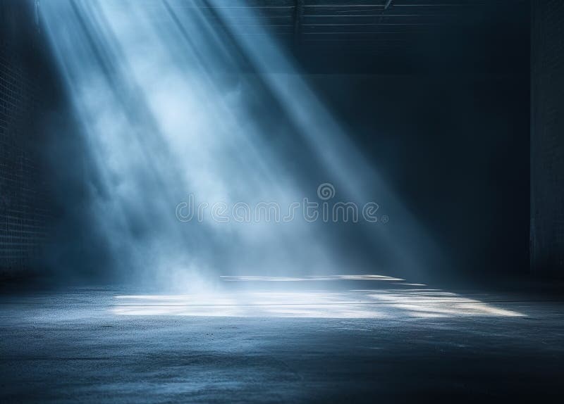 Spotlight on Stage with Spotlight. Rays Light on Blue Wall with Smoke ...