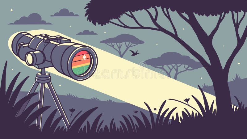 Spotlight on Telescope in Forest at Sunset Vector, Mystical Observation ...