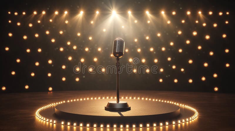 Spotlight on a Vintage Microphone in an Empty Stage Setting with Bright ...