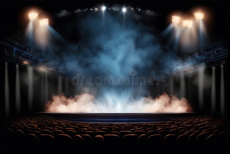 Spotlights and Equipment on a Large Professional Stage, Smoke-filled ...