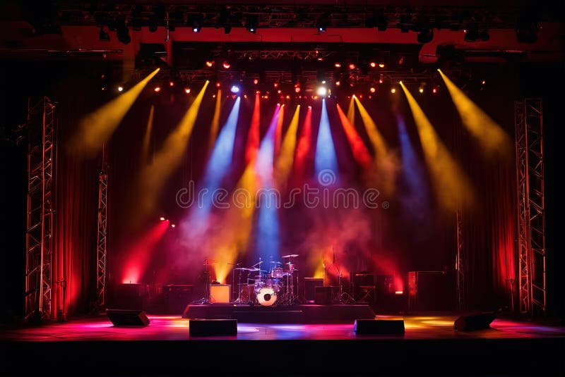 Spotlights and Equipment on a Large Professional Stage, Smoke-filled ...