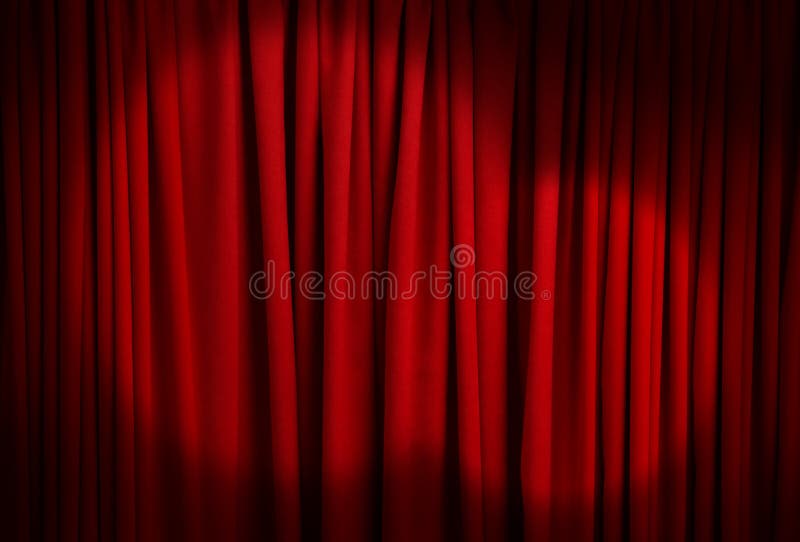 Spotlights Illuminating Closed Red Stage Curtains. Start of Performance ...