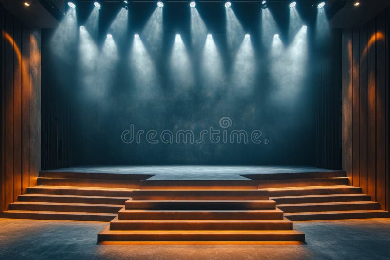 Spotlights Illuminating an Empty Stage with Steps and a Grunge Wall ...