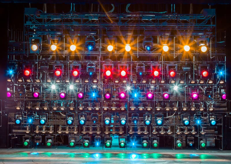 Spotlights & Lighting Equipment for the Theater. Multi-colored Lights ...