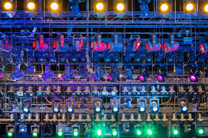 Spotlights & Lighting Equipment for the Theater. Multi-colored Lights ...