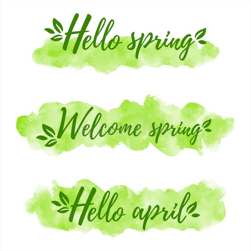Welcome Hello Spring, Green Watercolor Banner Shapes Stock Vector ...