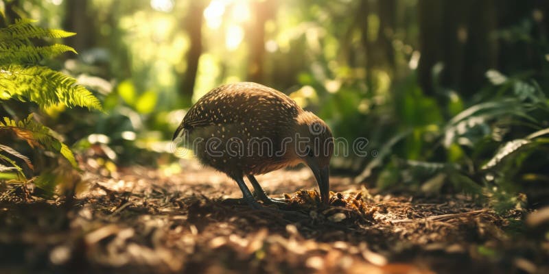 Spotted Bird Foraging in Lush Forest Under Soft Sunlight Stock Photo ...