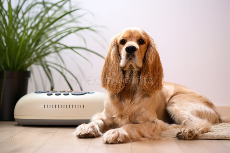Spotted Cocker Spaniel Sitting beside a Calming Sound Machine Stock ...