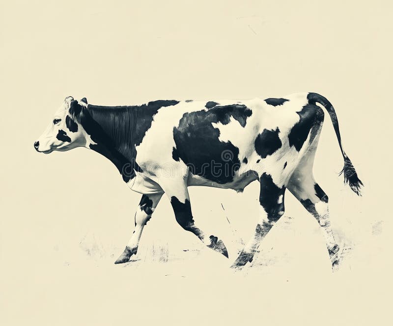 Spotted Cow with Black Dots on White Body Walks Gracefully Across Light ...