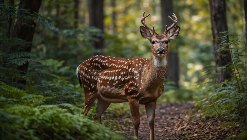 Spotted Deer Standing on a Forest Path in Close-up Stock Illustration ...