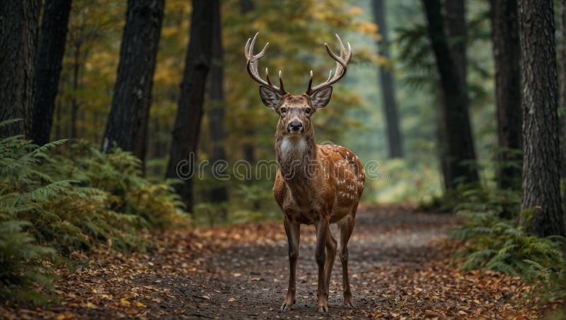 Spotted Deer Standing on a Forest Path in Close-up Stock Illustration ...