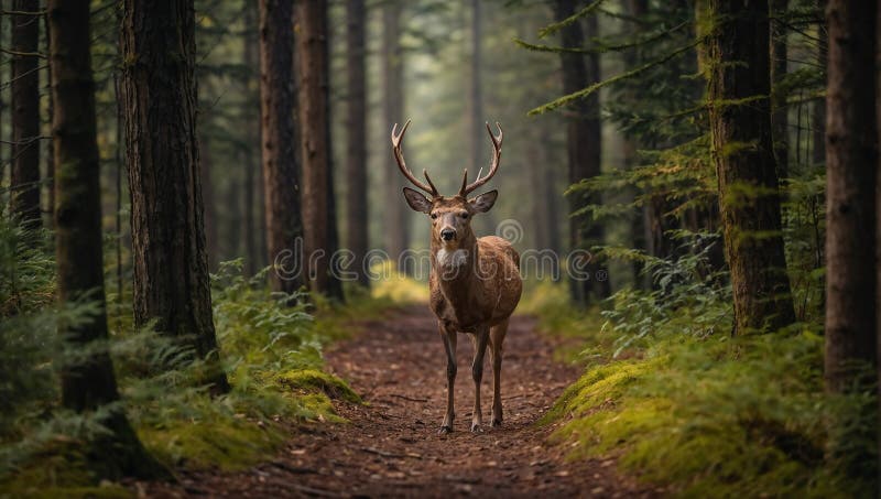 Spotted Deer Standing on a Forest Path in Close-up Stock Illustration ...