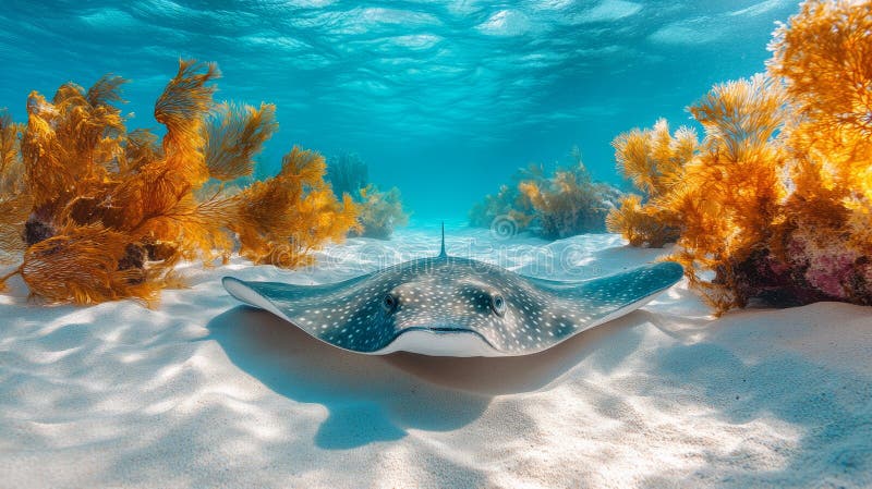 Spotted Eagle Ray Swims Gracefully Over Sandy Ocean Floor Stock Photo ...
