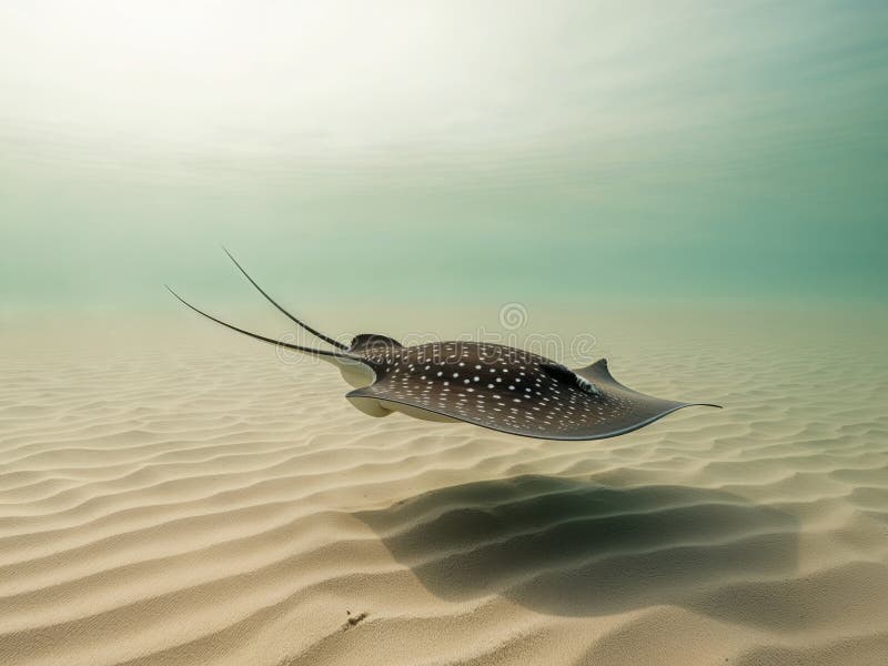 Spotted Eagle Ray Swims Gracefully Over Sandy Ocean Floor. Stock Photo ...