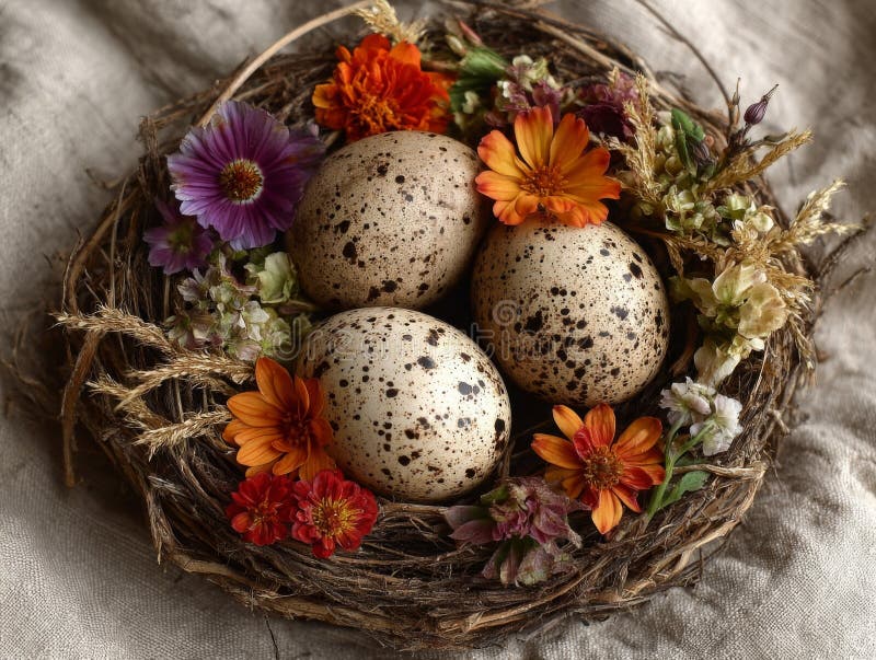 Spotted Eggs in Bird Nest with Orange and Purple Flowers Stock ...