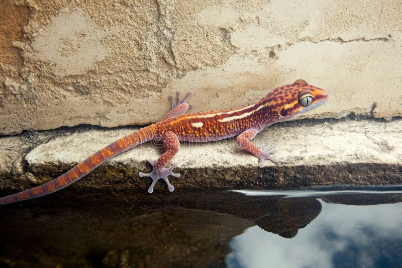 Spotted Gecko Resting on Smooth Stone with Human Hand Reflection Stock ...