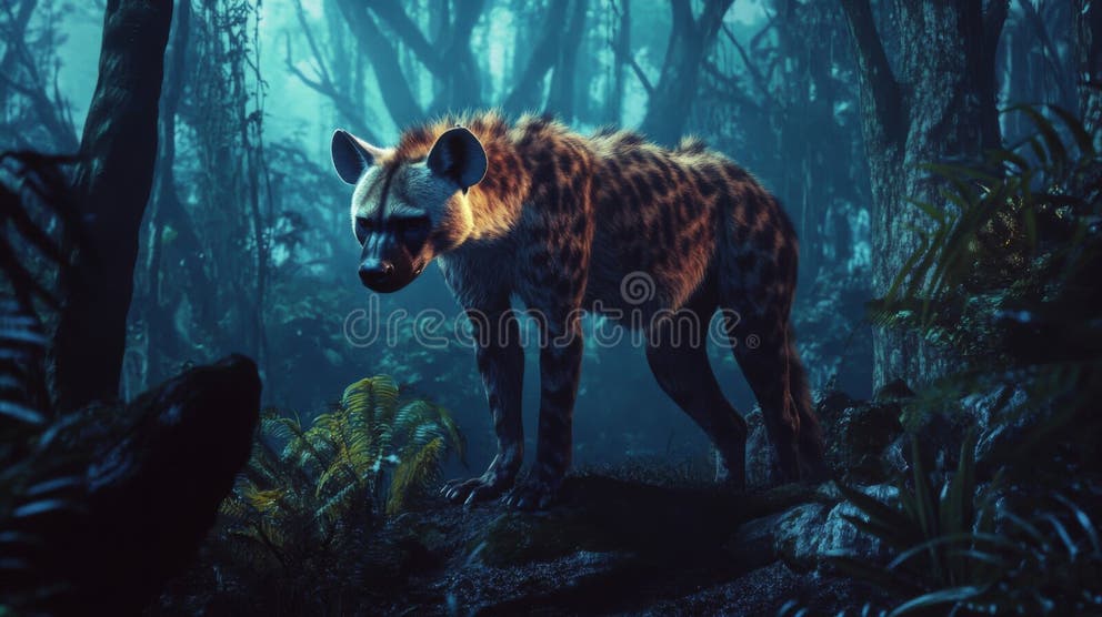 Spotted Hyena in a Dark Forest at Night Stock Illustration ...
