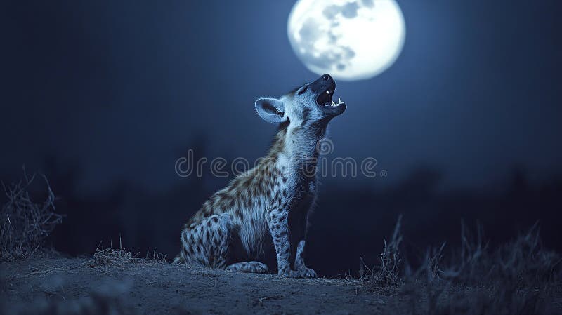 Spotted Hyena Pup Howling at Night Under a Full Moon Stock Image ...