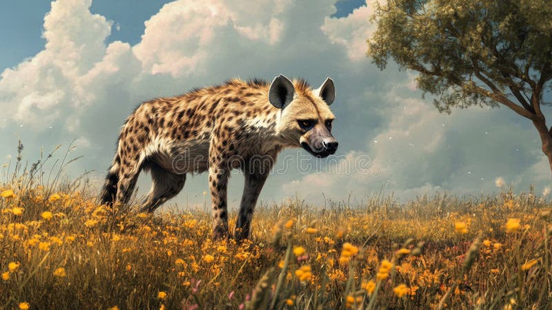 Spotted Hyena in a Yellow Flower Field Stock Illustration ...