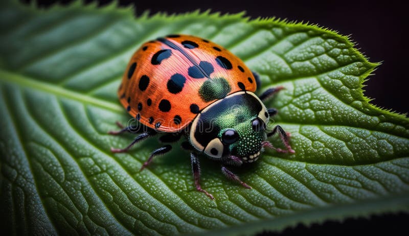 Spotted Ladybug Crawls on Green Leaf Outdoors Generated by AI Stock ...