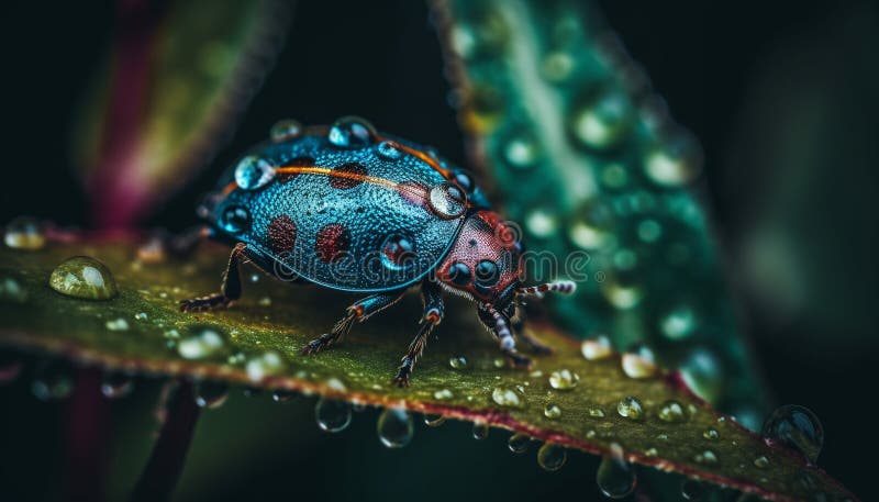 Spotted Ladybug on Green Leaf, Wet with Dew Drop Background Generated ...