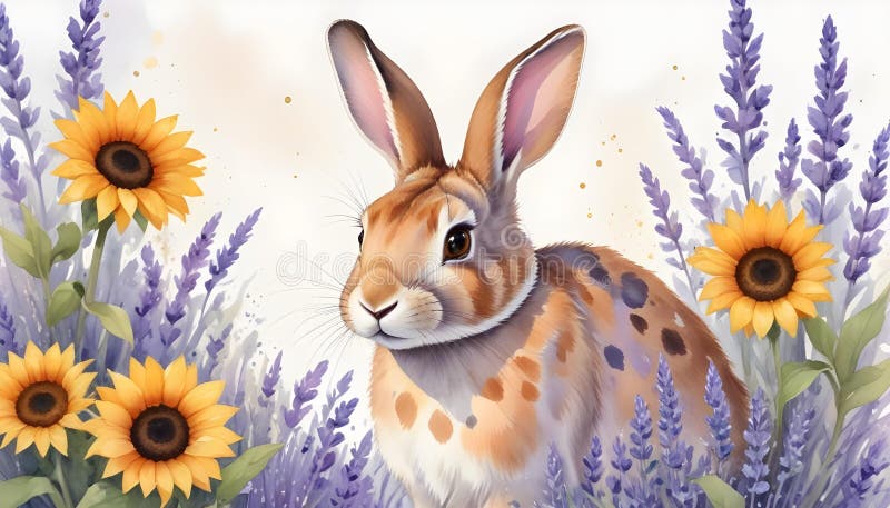 Spotted Rabbit with Rounded Ears Posed in Flower Wreath of Lavender ...