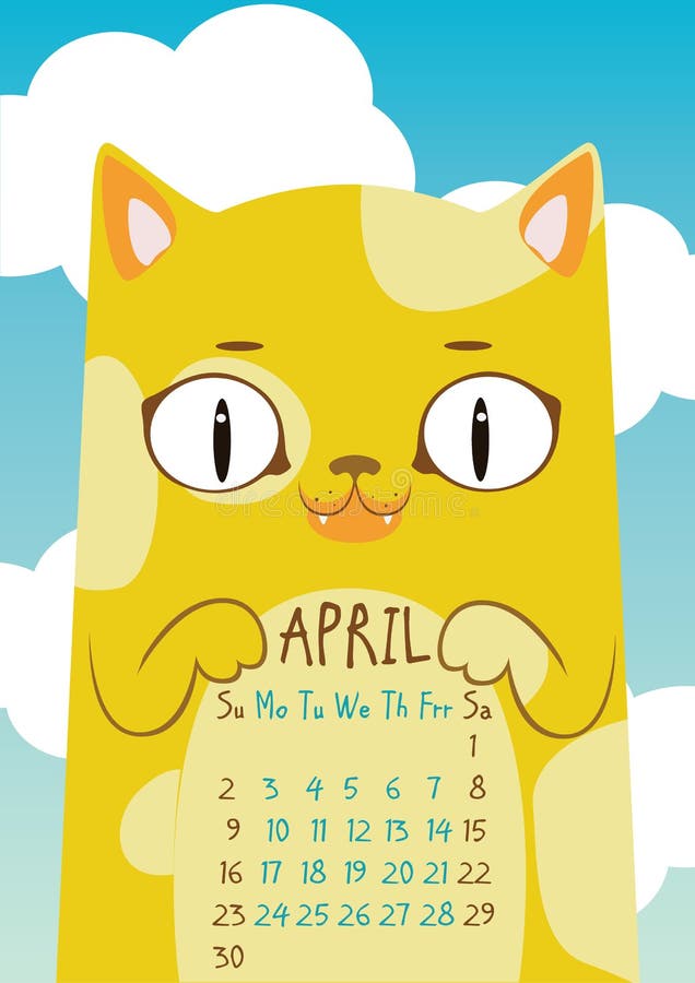 Spotted Yellow Cat on Blue Sky Background. April Calendar Stock ...