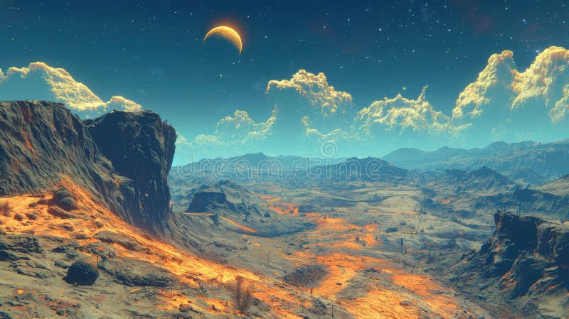 Sprawling Alien Canyon Lit by Lava Flows and Distant Star System ...