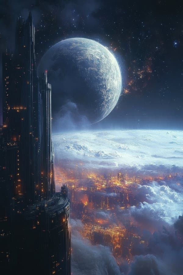 Majestic Cityscape Illuminated by Glowing Lights Beneath an Enormous ...