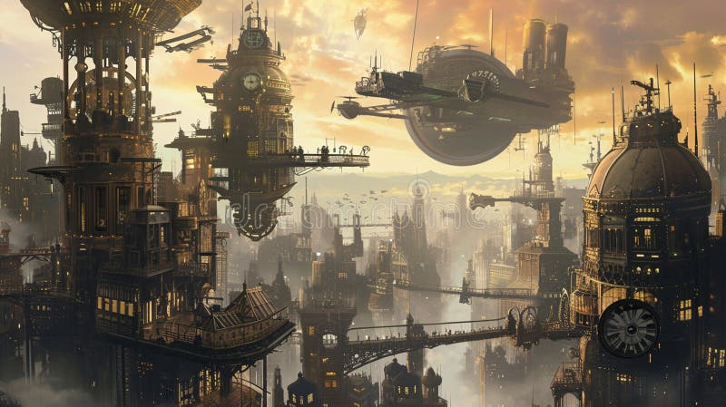 A Sprawling Cityscape with Buildings Adorned in Steampunk Aesthetics ...