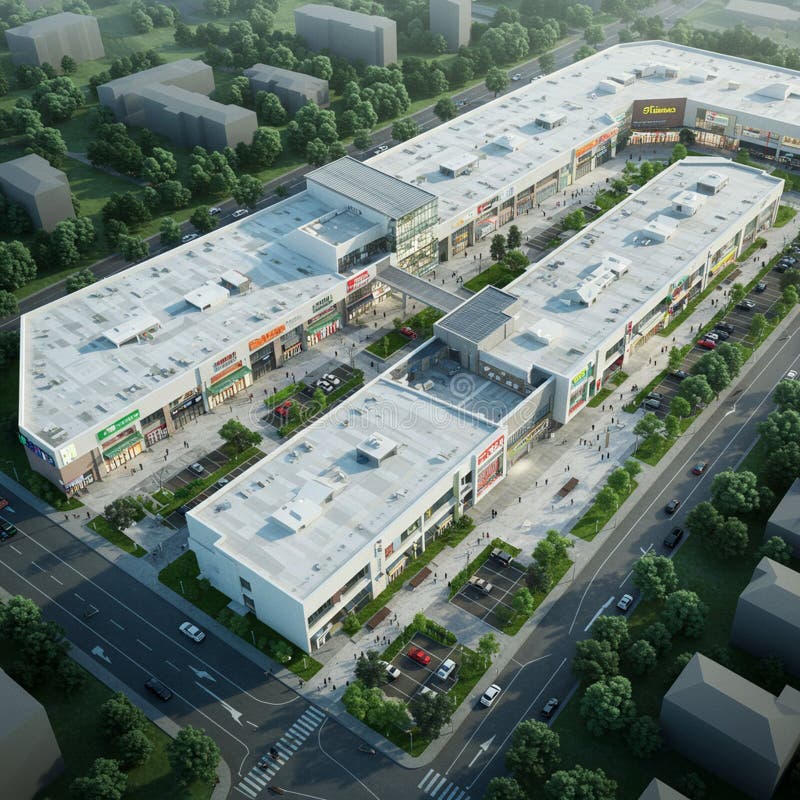 Sprawling Commercial Complex Viewed from Above, Featuring L-shaped ...